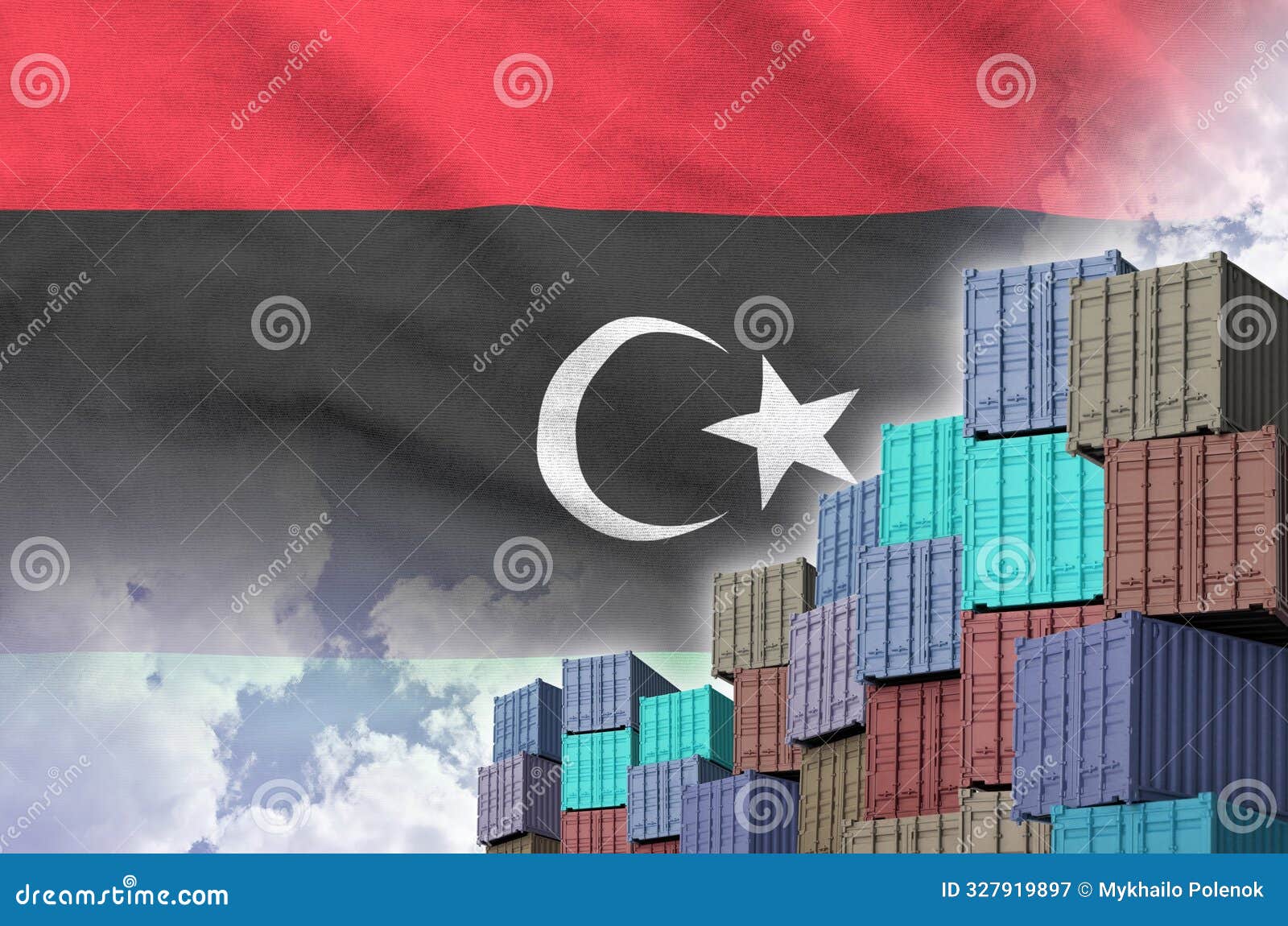 Libya Flag and Big Stack of Shipping Cargo Containers in Docks with Sky ...