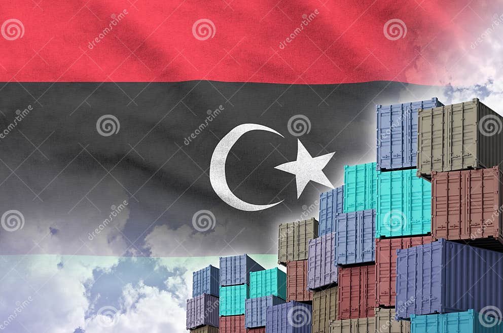 Libya Flag and Big Stack of Shipping Cargo Containers in Docks with Sky ...