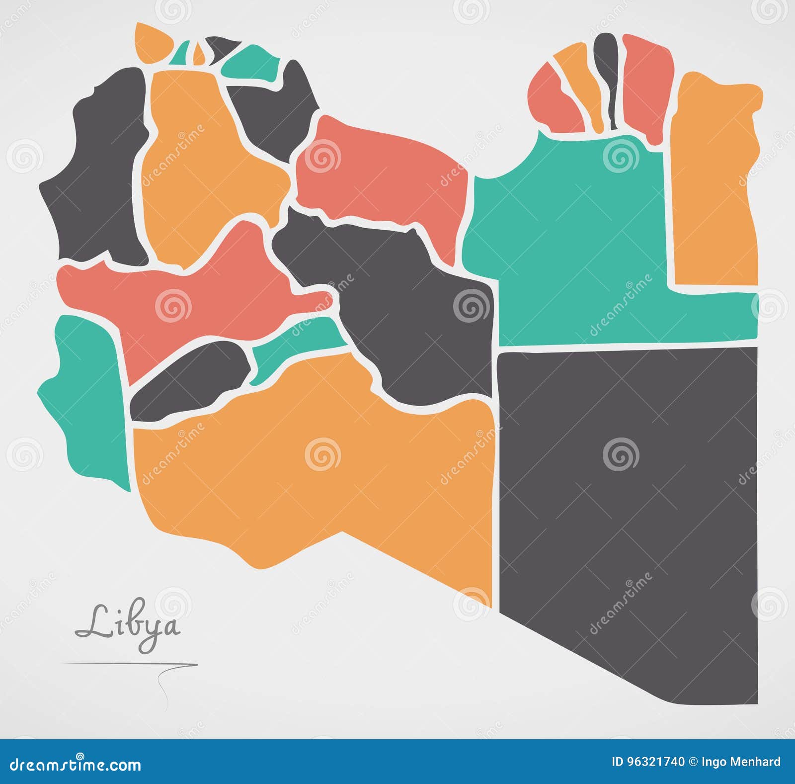 Libya Map with States and Modern Round Shapes Stock Vector ...