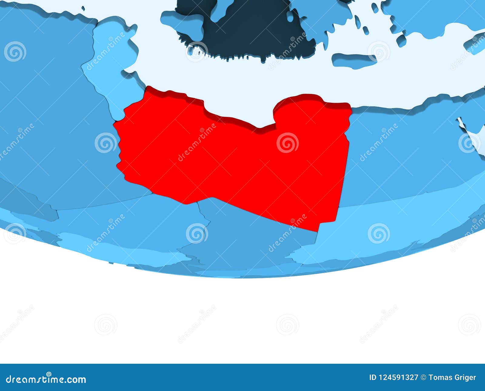 Libya in red on blue map stock illustration. Illustration of ...