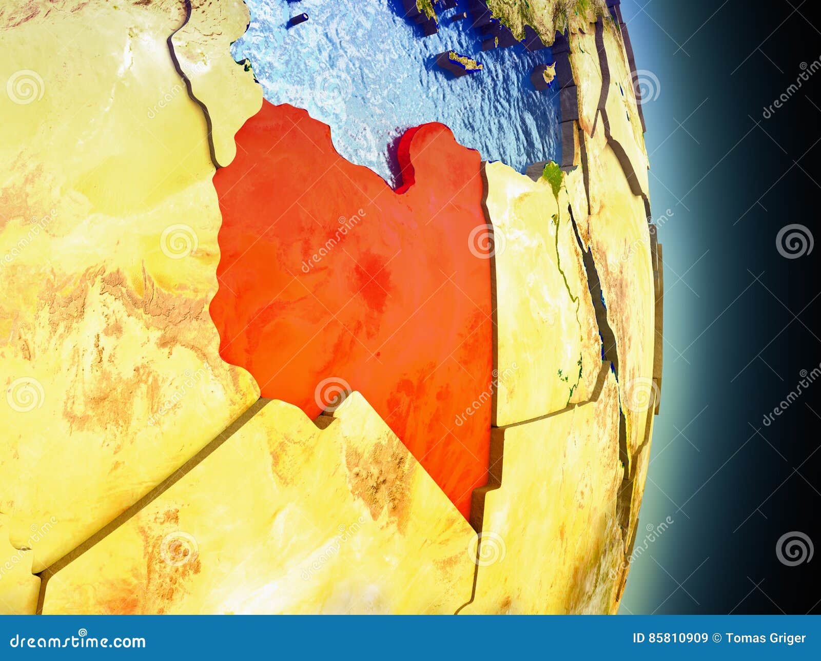 Libya in red from space stock illustration. Illustration of realistic ...