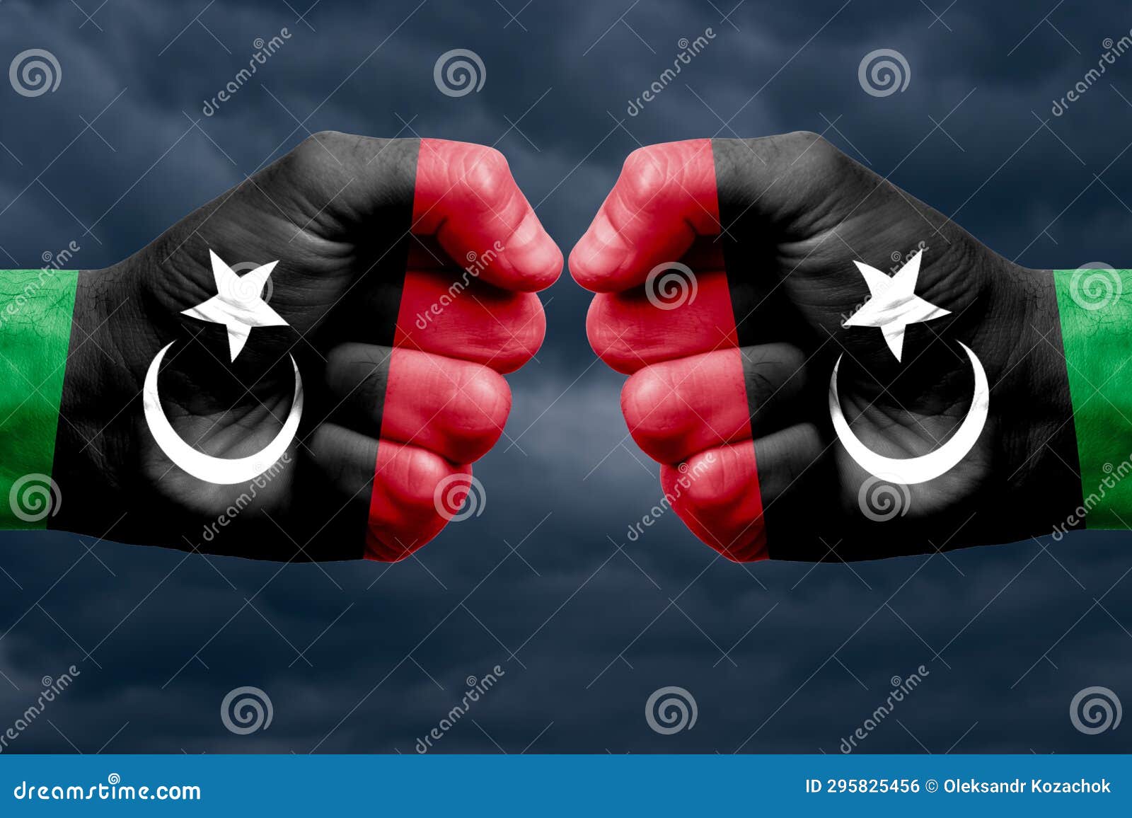 LIBYA Vs LIBYA Confrontation, Religious Conflict. Men& X27;s Fists with ...