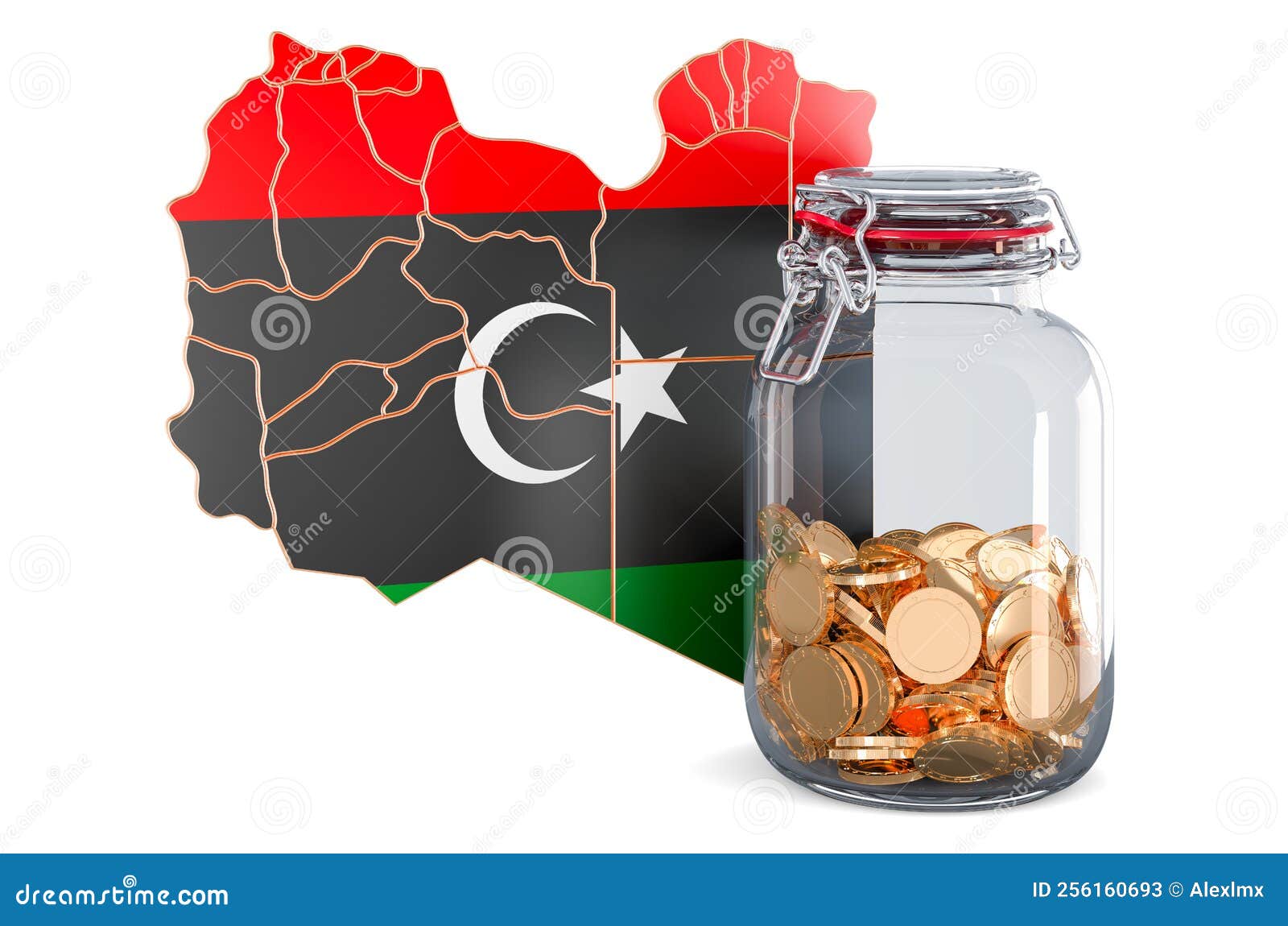 Libyan Map with Glass Jar Full of Golden Coins, 3D Rendering Stock ...