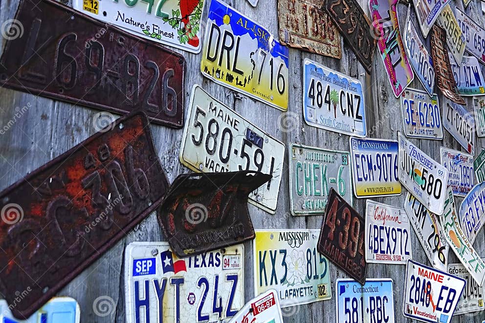 License Plates Hanging on a Wall Stock Photo - Image of horizontal ...