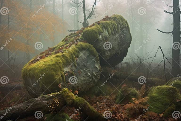 Lichen Covered Rock in a Misty Forest Setting Stock Image - Image of forest, nature: 289288189