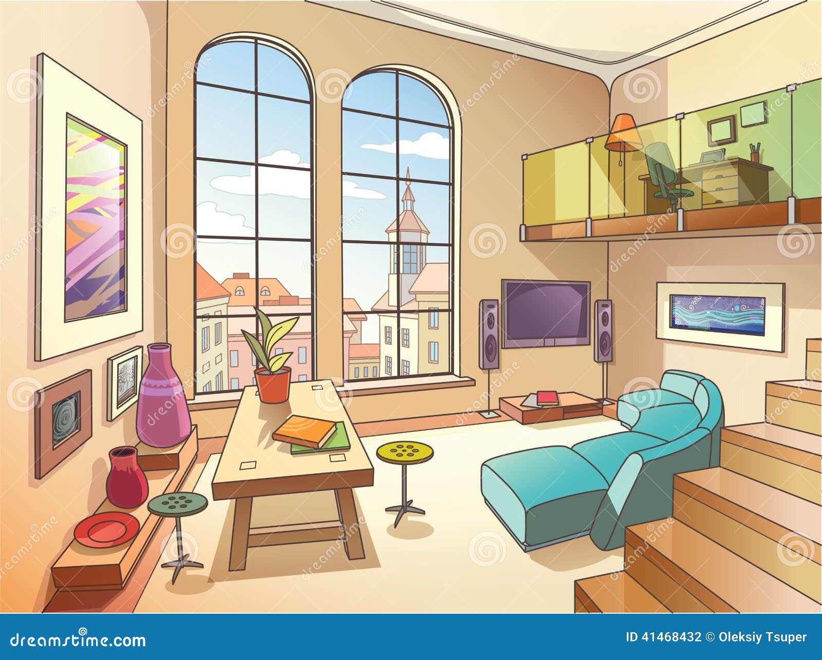 Lichte Woonkamer Met Mezzanine Vector Illustratie - Illustration of zolder, rijk: 41468432