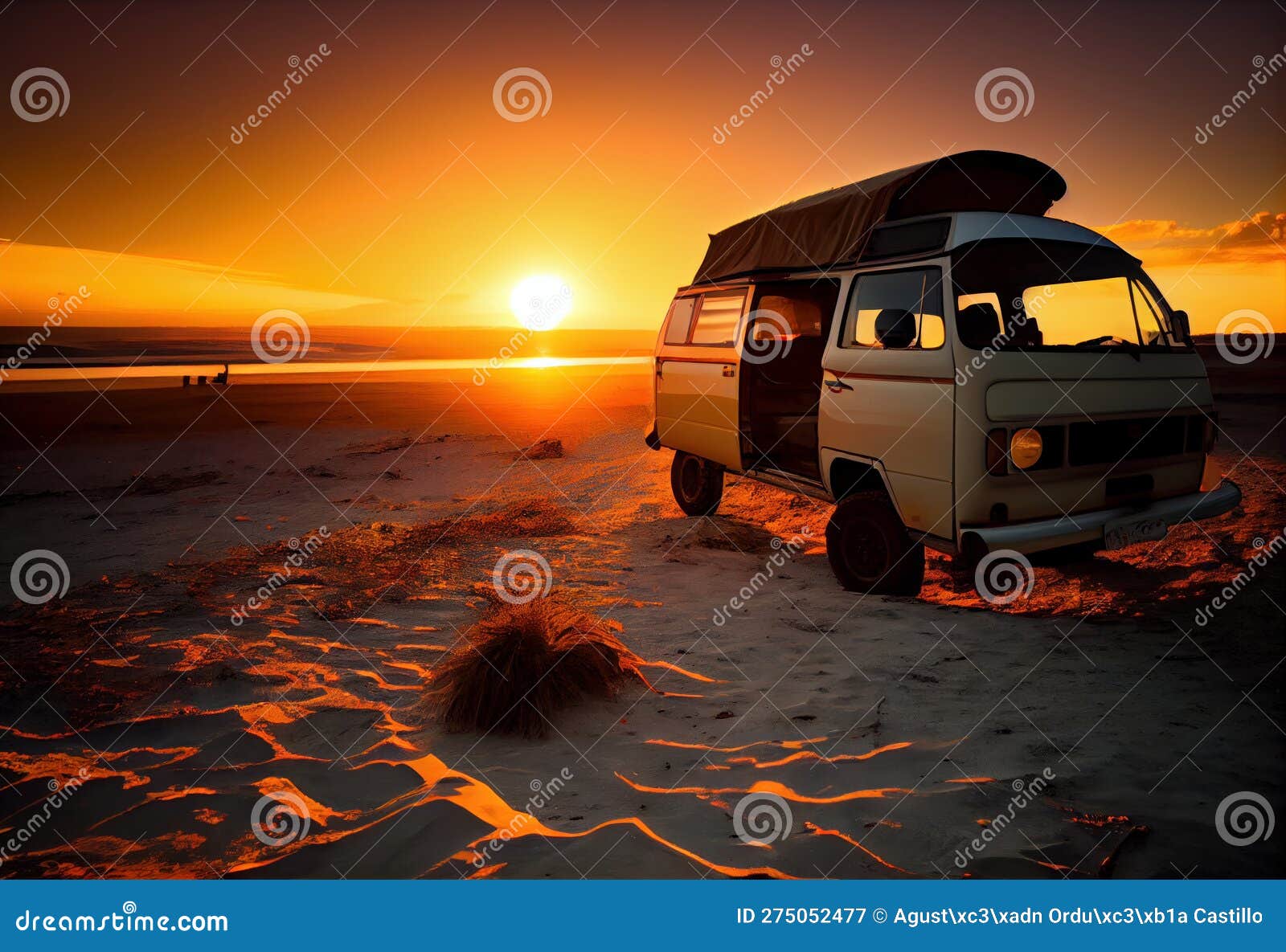 Life in a Combi Van, at Sunset on the Beach. Stock Illustration ...