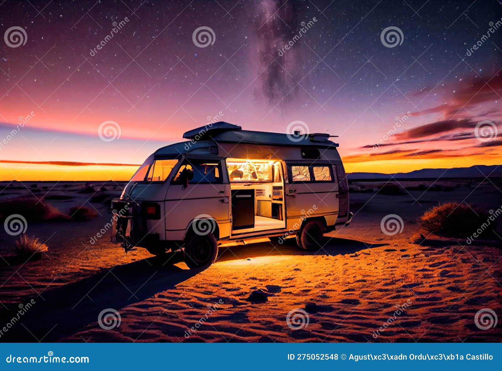 Life in a Combi Van, at Sunset on the Beach. Stock Illustration ...