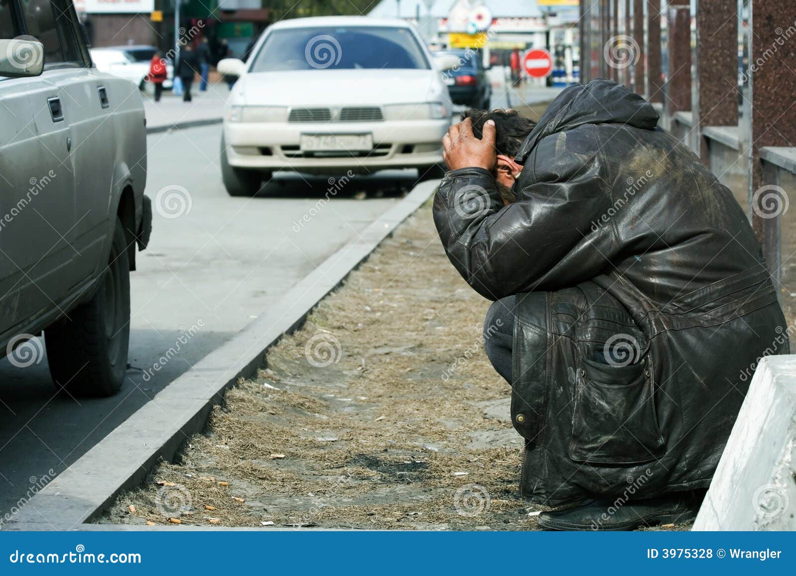 Sad Homeless Man in Depression on City Street Stock Photo - Image of ...