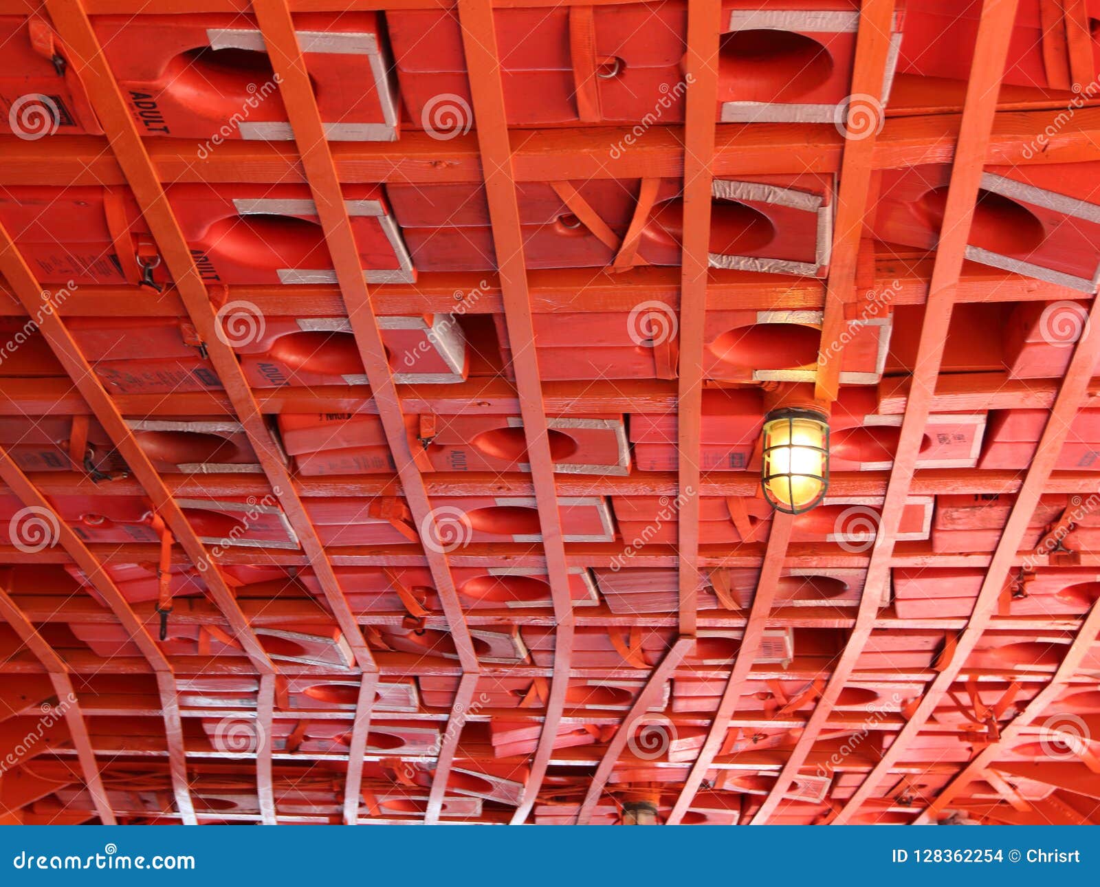 Life Jackets Mounted in Ceiling of Boat Stock Photo - Image of rescue ...