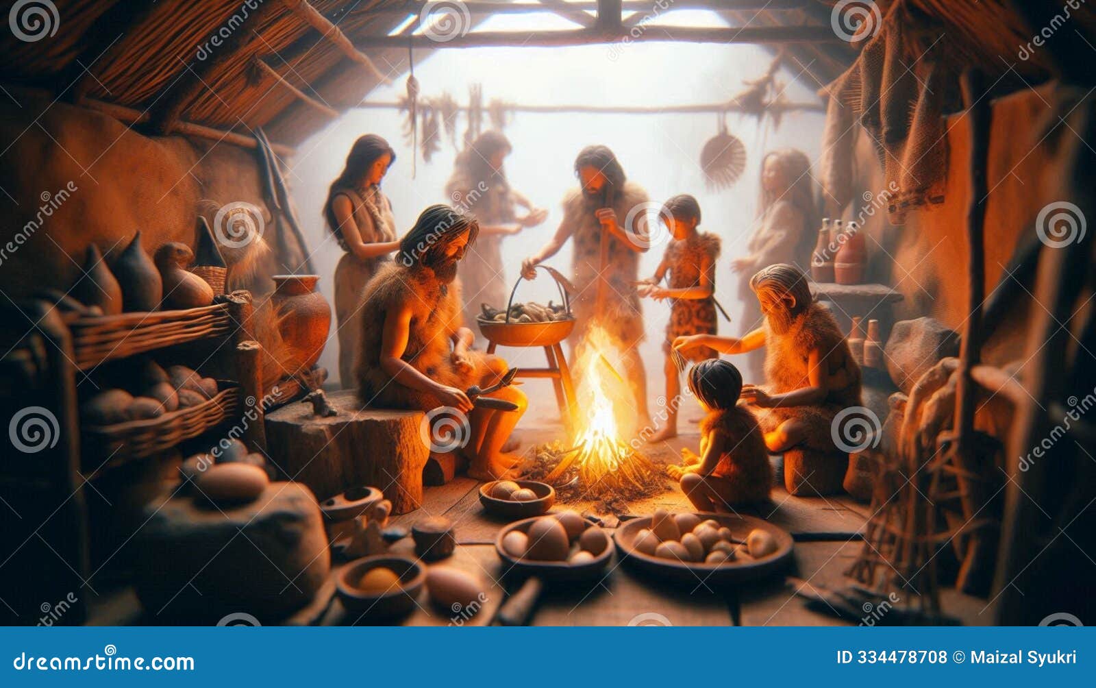 Daily Life of a Prehistoric Family Stock Illustration - Illustration of ...