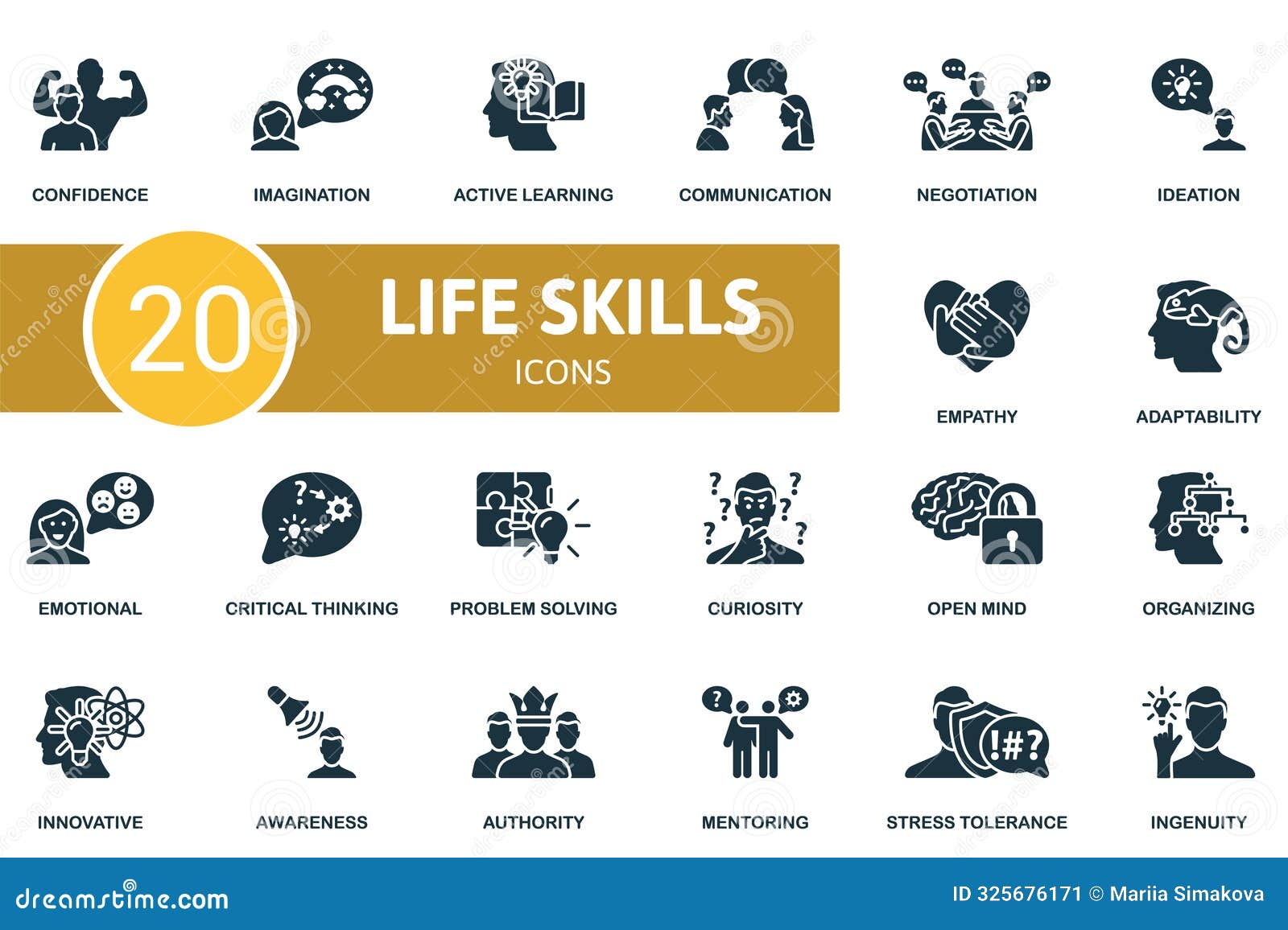 Life Skills Icon Set. Confidence, Imagination, Active Learning ...