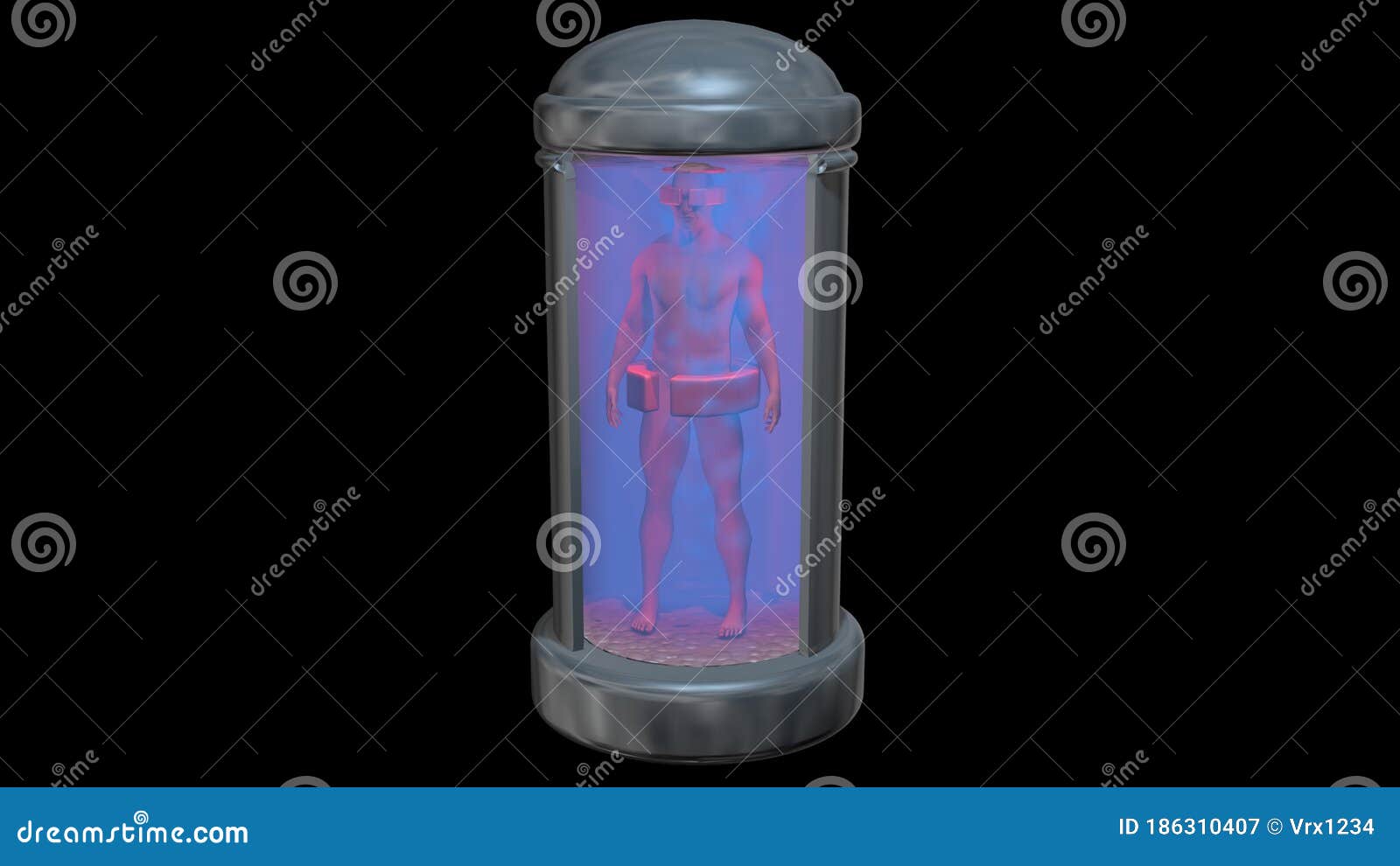 Life Support Chamber, Cryonic Tank with Man. View 2. Visible Internal ...