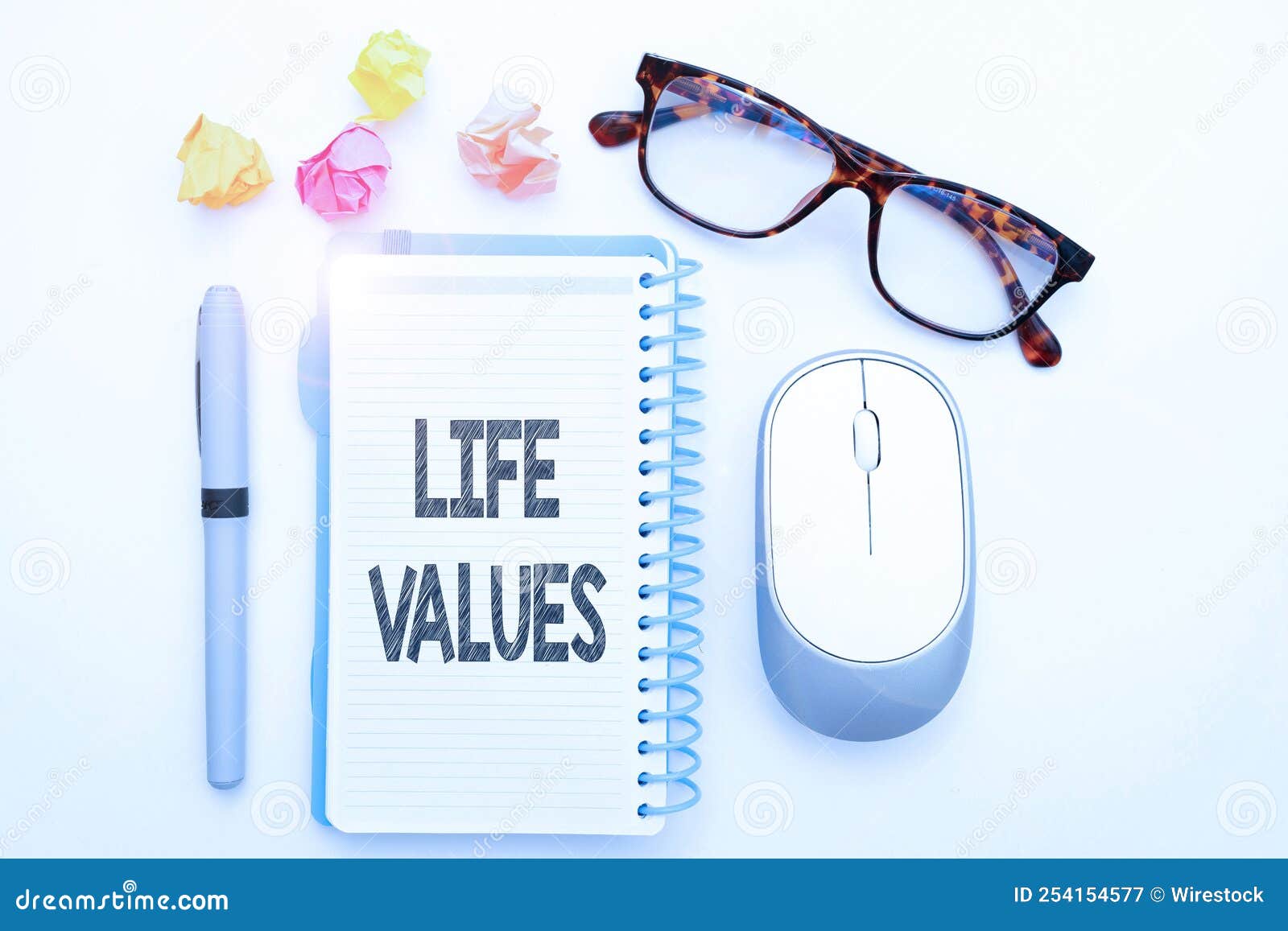 LIFE VALUES Text on a Notebook Surrounded with Personal and Office ...