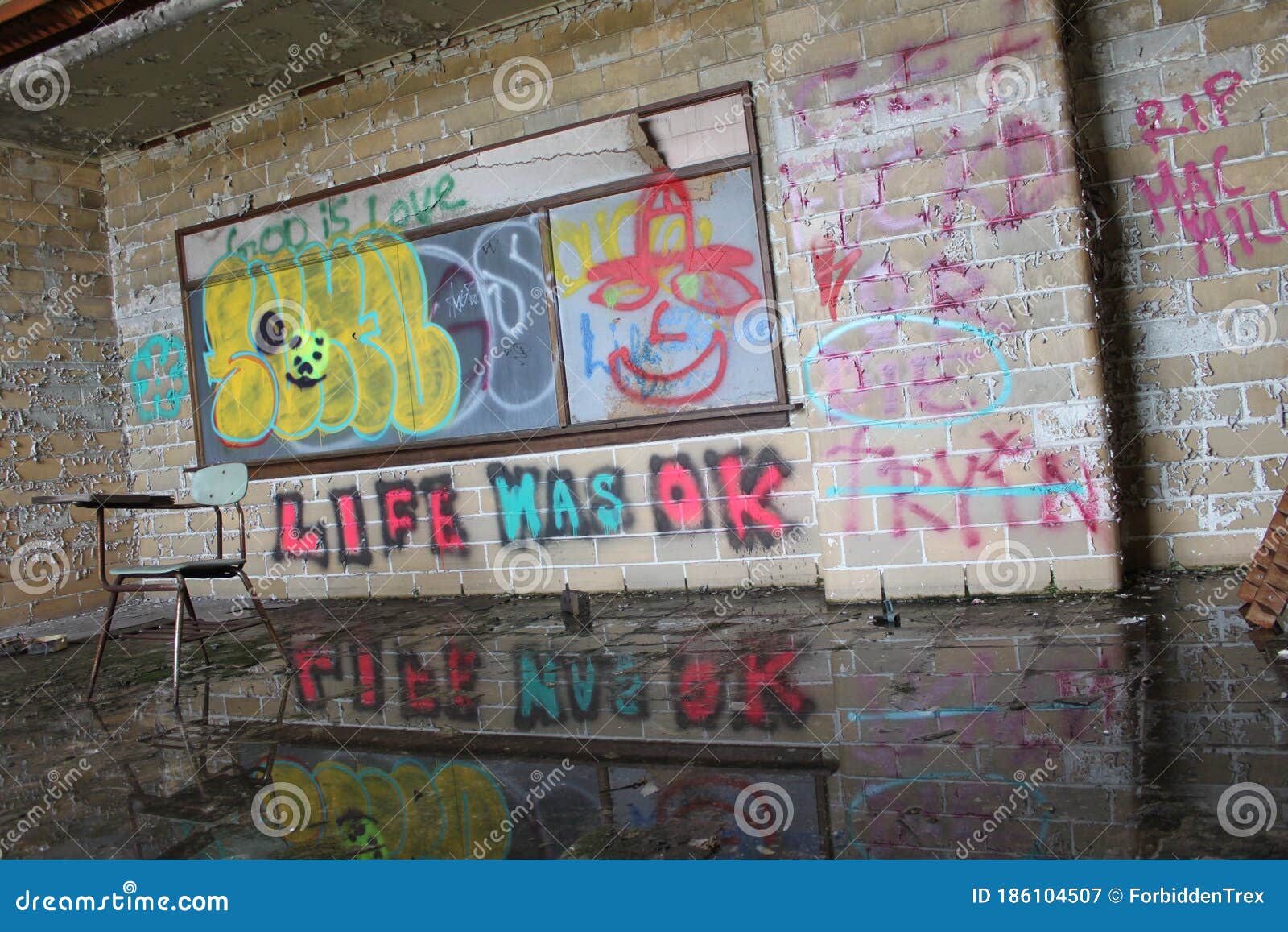 `Life Was OK` Abandoned Classroom with Single Desk Chair and Graffiti ... `Life Was OK` Abandoned Classroom with Single Desk Chair and Graffiti ...