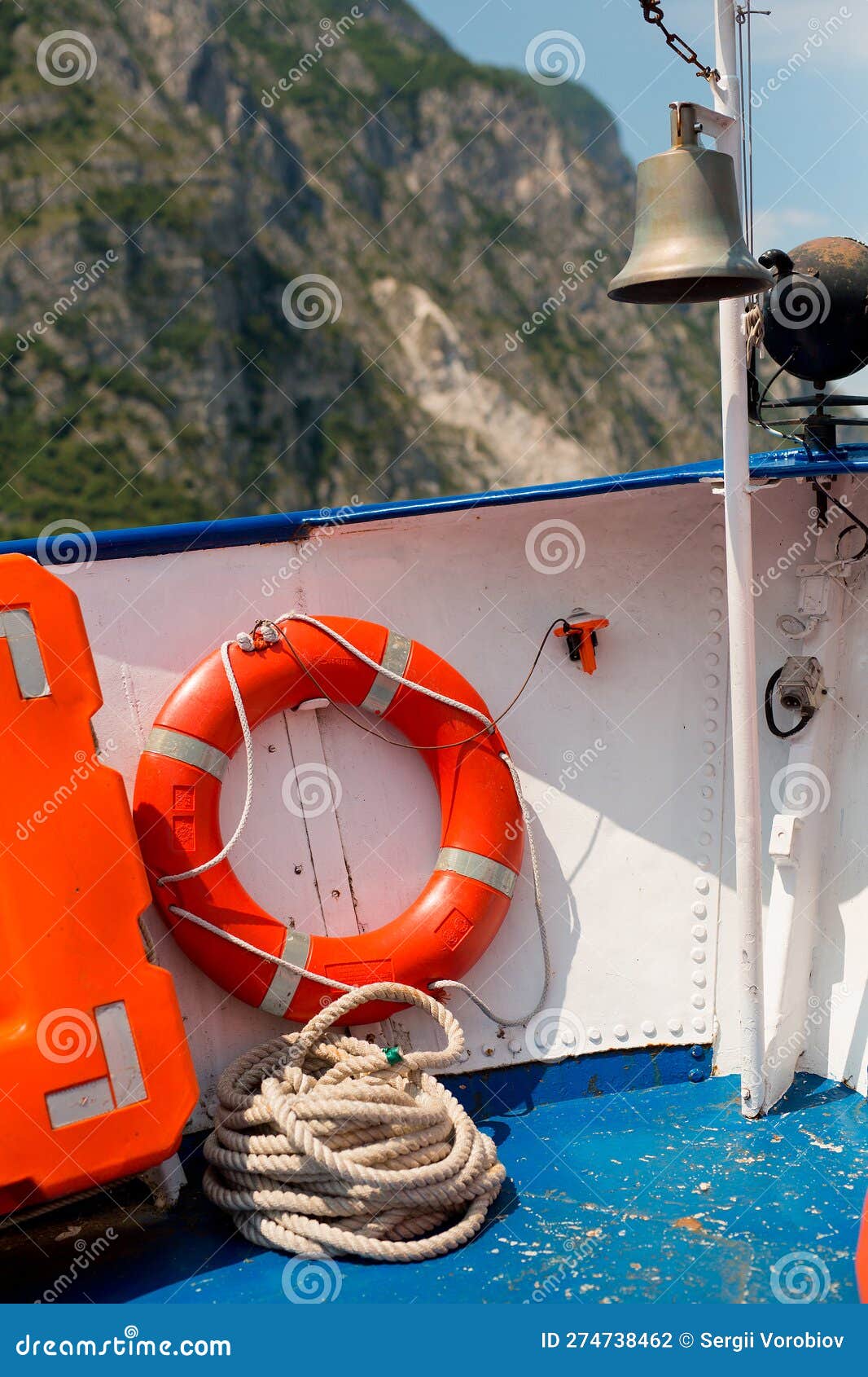 Lifebuoy on the Deck of Ship, Close-up. Stock Photo - Image of rope ...