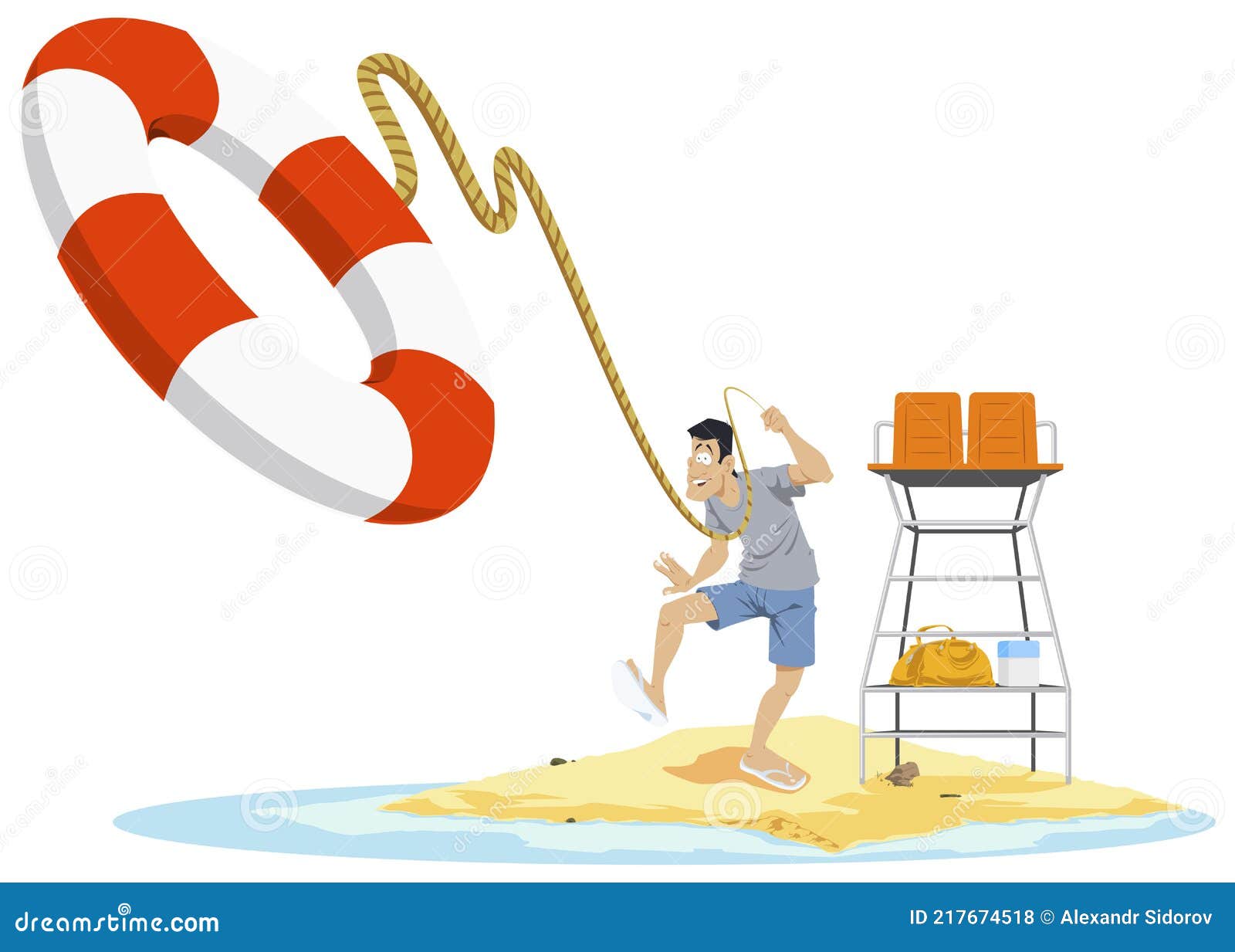Lifeguard on Beach. Man Throws Lifebuoy. Illustration for Internet and ...
