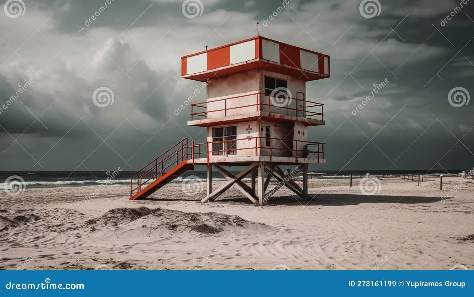 Lifeguard Hut on Tranquil Coastline, Warning Sign Posted Generated by ...