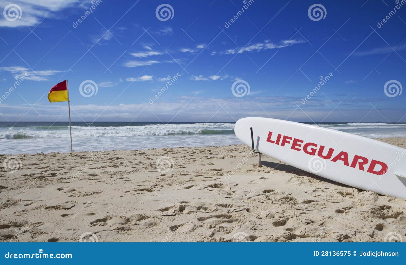 Lifeguard Surfboard and Safe Flag at Beach Stock Image - Image of drown ...