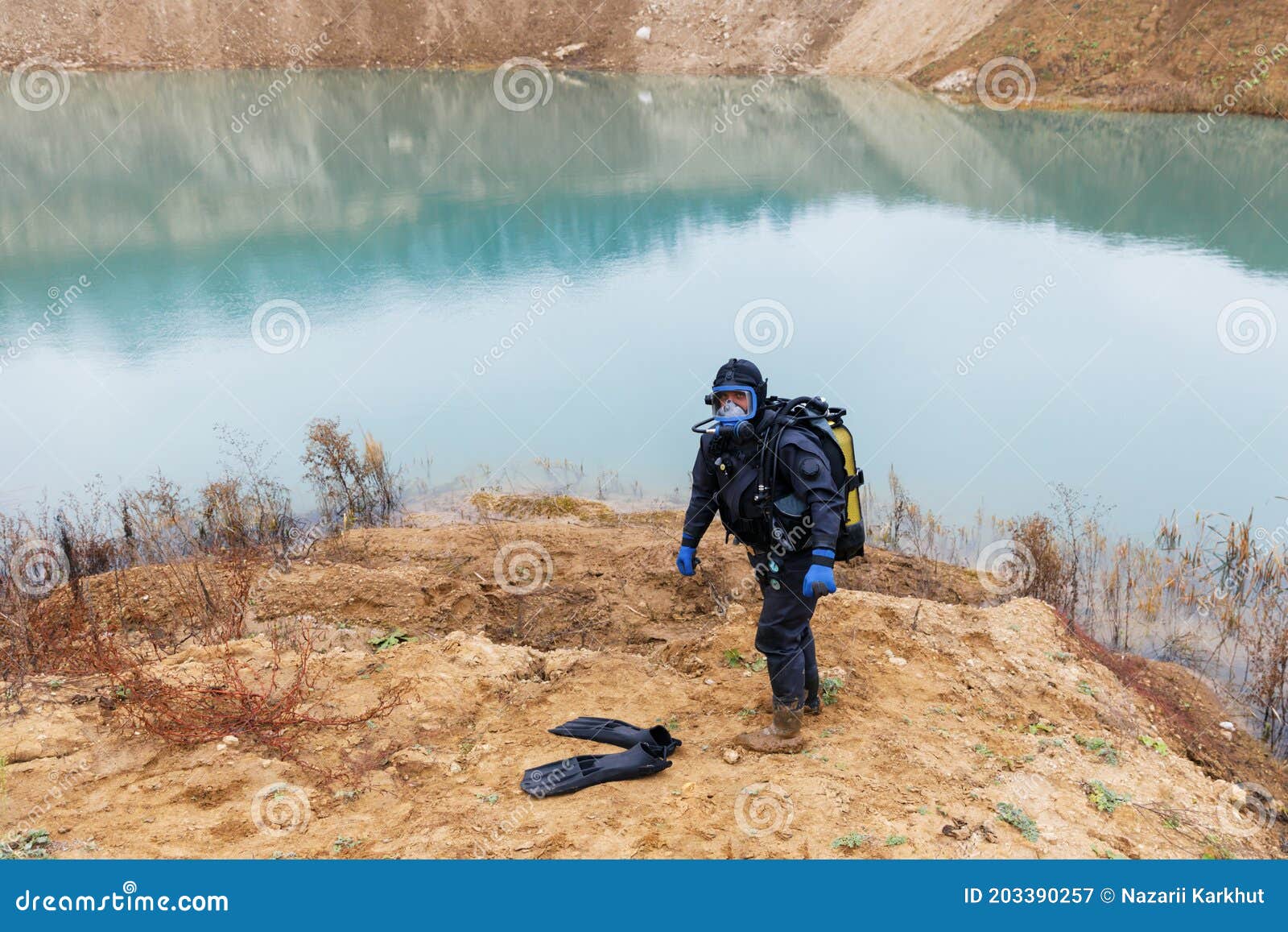 A Lifeguard in a Wetsuit is Preparing To Dive into the Pond. Search at ...