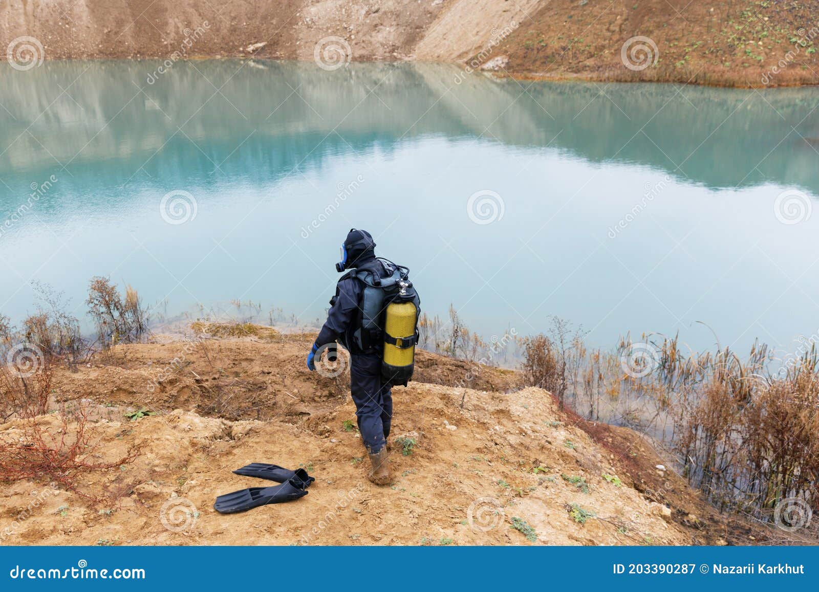 A Lifeguard in a Wetsuit is Preparing To Dive into the Pond. Search at ...