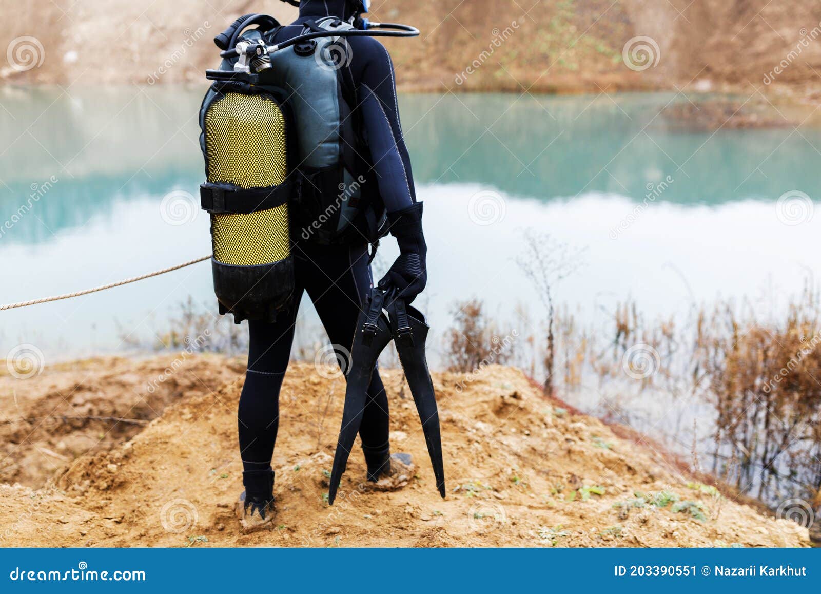 A Lifeguard in a Wetsuit is Preparing To Dive into the Pond. Search at ...