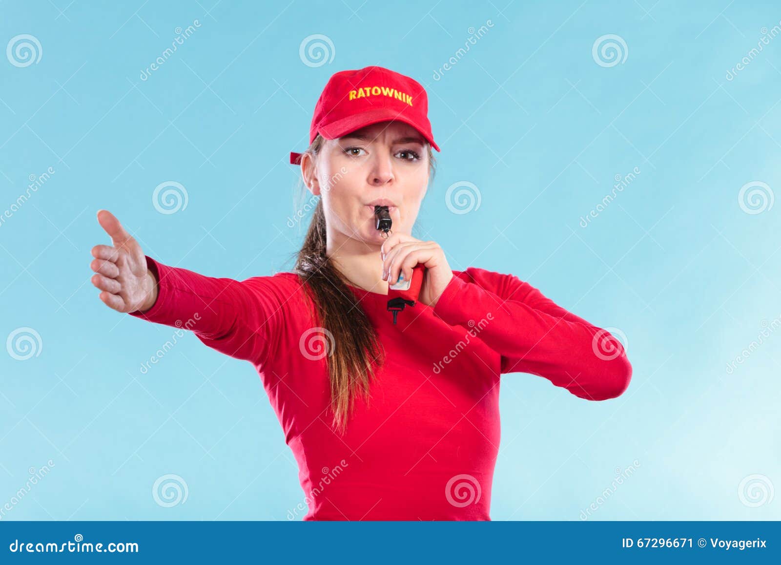 Lifeguard Woman In Cap On Duty Blowing Whistle Royalty Free Stock