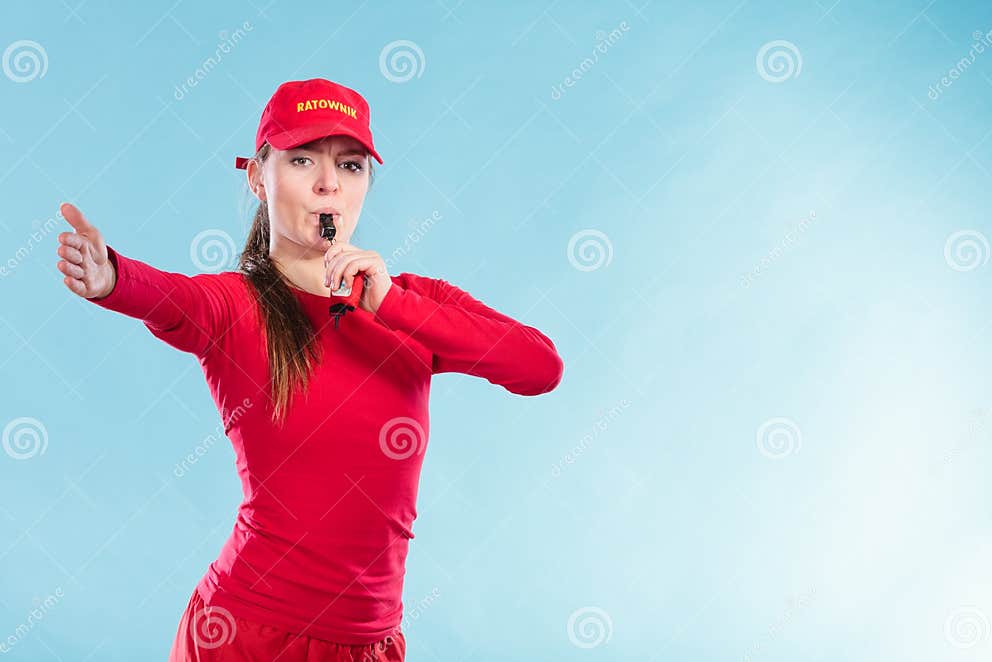 Lifeguard Woman In Cap On Duty Blowing Whistle Stock Image Image Of