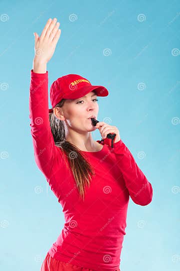 Lifeguard Woman In Cap On Duty Blowing Whistle Stock Image Image Of