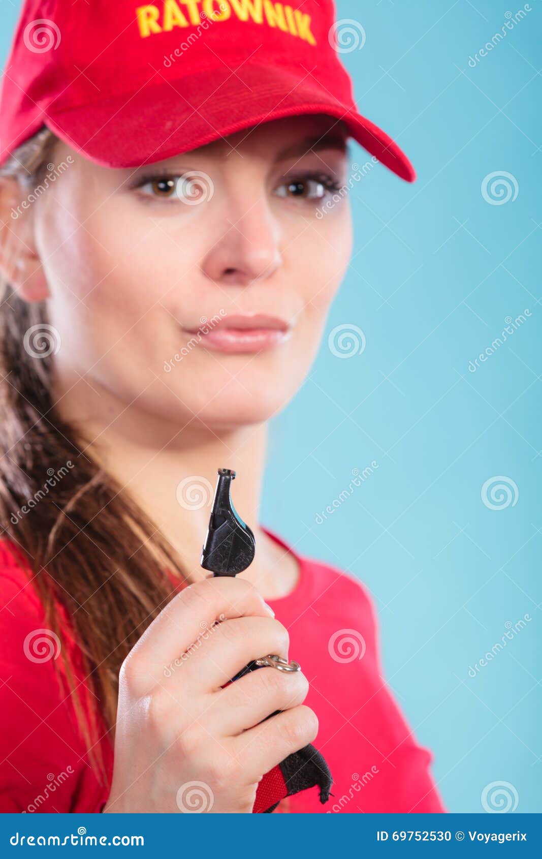 Lifeguard Woman In Cap On Duty Blowing Whistle Royalty Free Stock