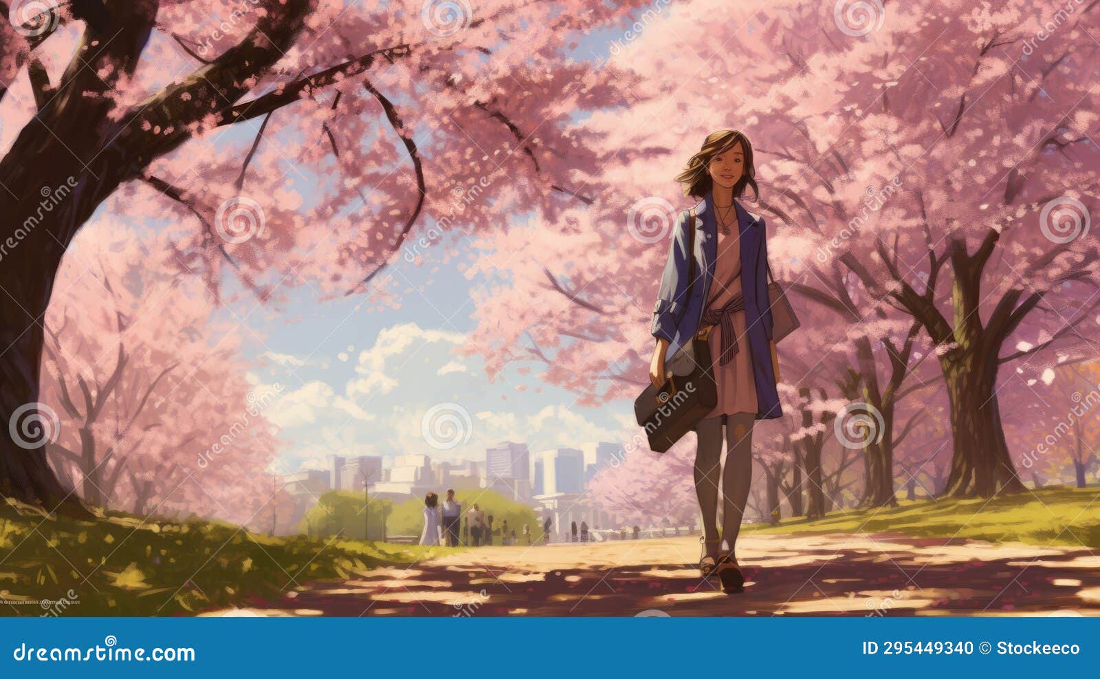 Lifelike Animation of Barbara Walking in Cherry Blossom Park Stock ...
