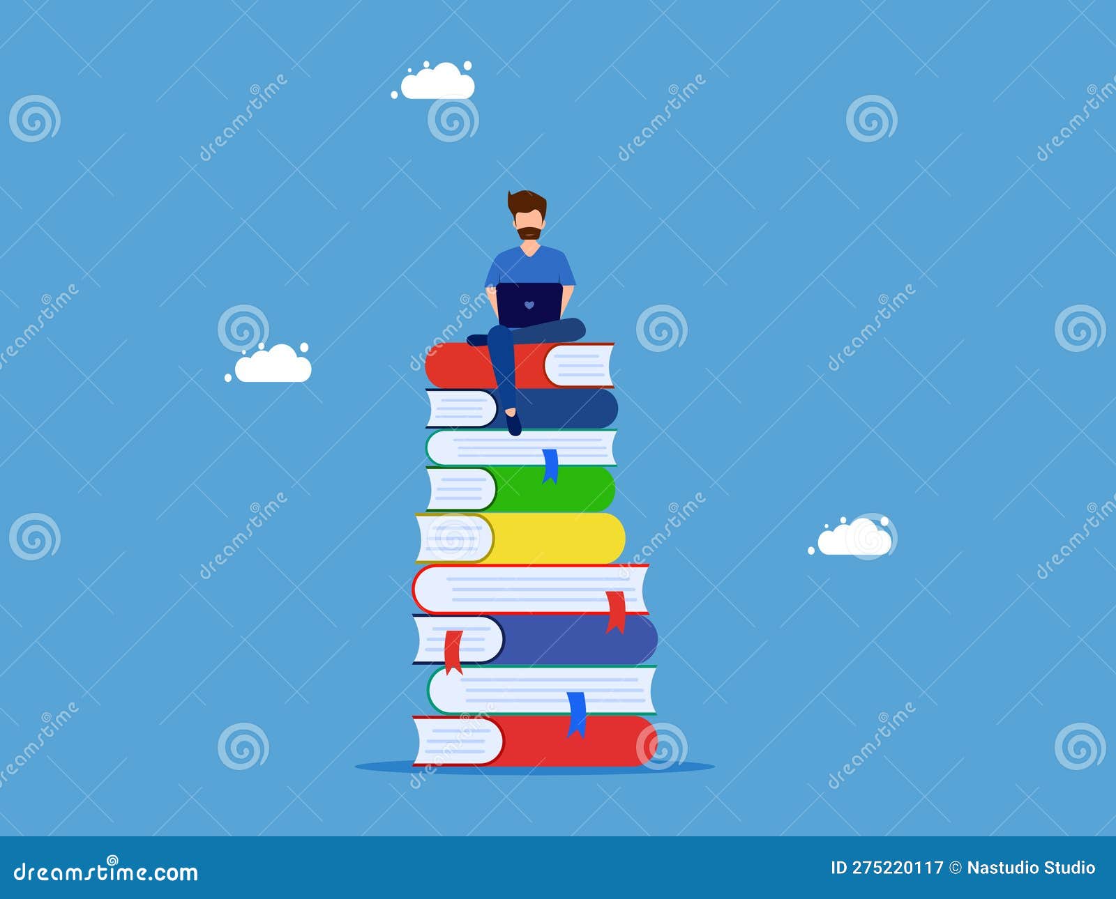 Lifelong Learning. Man Working with Laptop on Stack of Books Stock ...