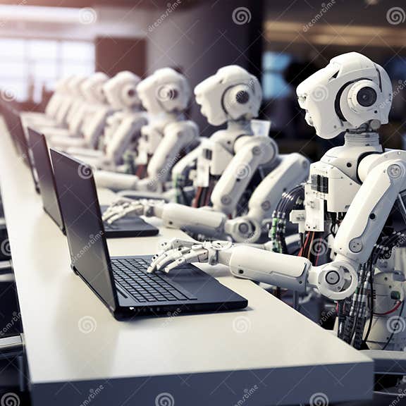 Lifestyle Photo Row of Robots Typing on a Computer Keyboard - AI MidJourney Stock Illustration ...