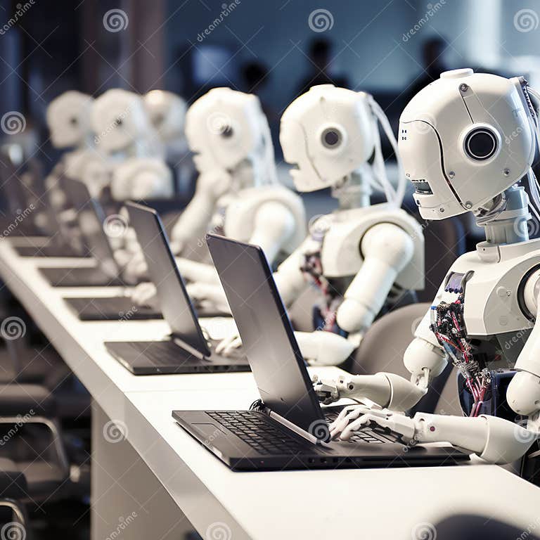 Lifestyle Photo Row of Robots Typing on a Computer Keyboard - AI ...