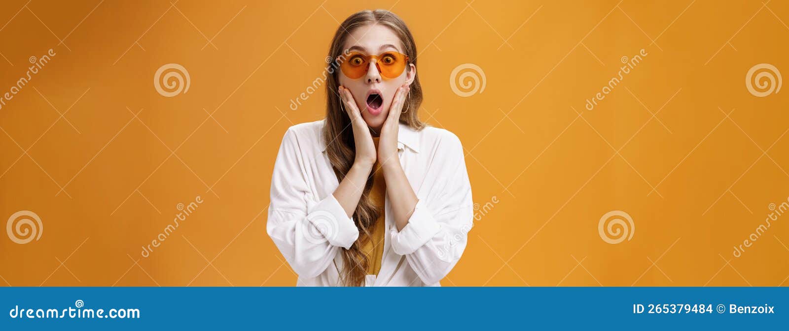 Waist Up Shot Of Amazed And Surprised Party Girl In Trendy Sunglasses