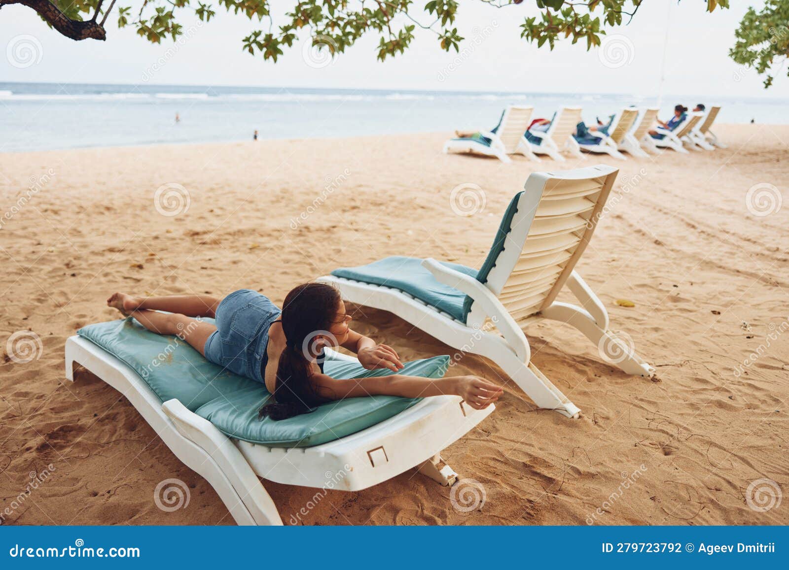 Lifestyle Woman Lying Beach Sand Ocean Sunbed Smiling Sea Sun Resort