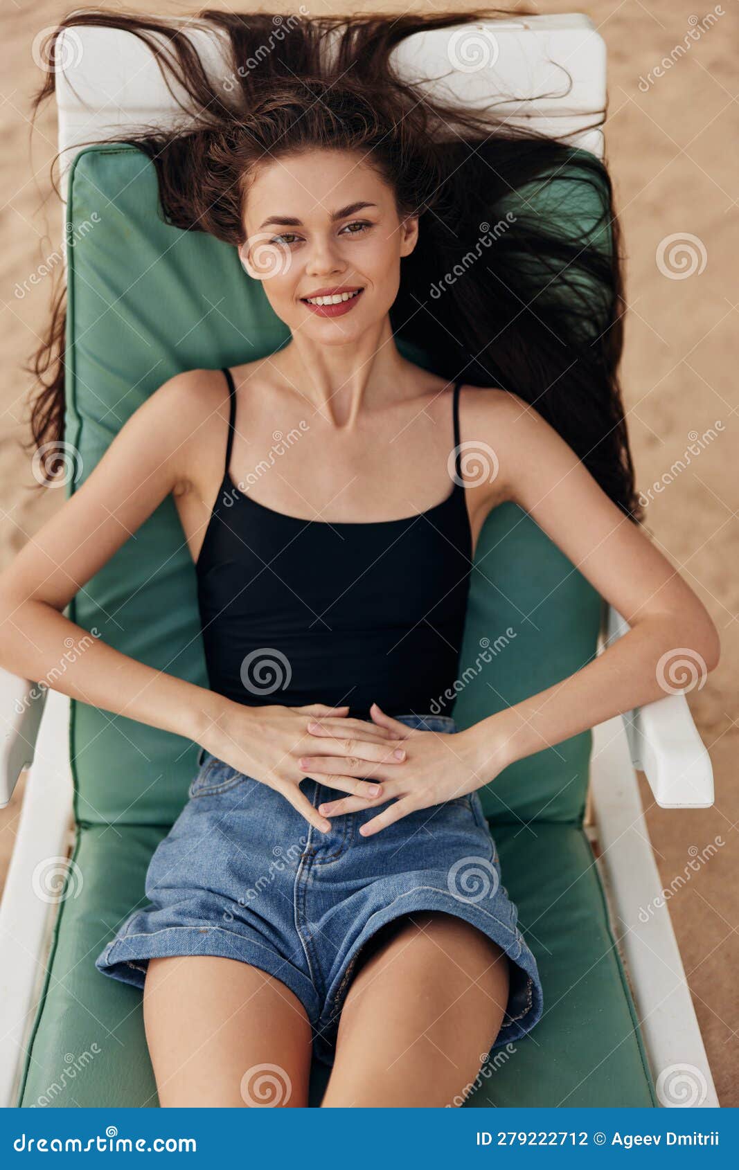 Lifestyle Woman Resort Ocean Sunbed Sea Lying Sand Vacation Smiling