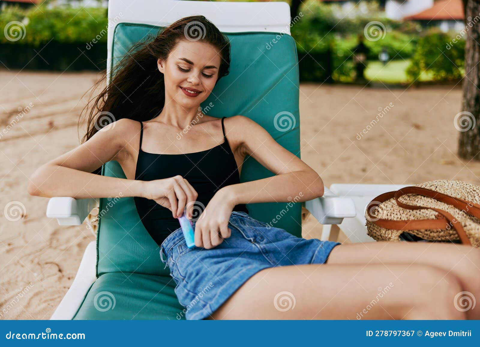 Lifestyle Woman Smiling Sea Beach Ocean Sand Lying Sunbed Enjoy Resort