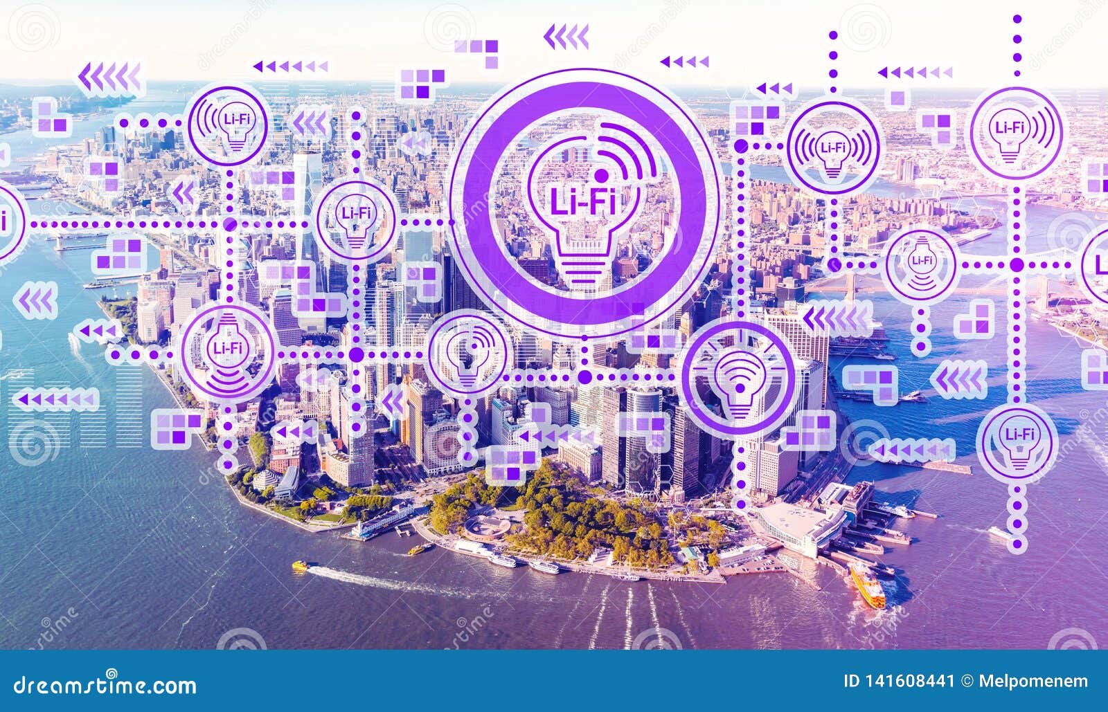 LiFi Theme with Aerial View of Manhattan Stock Illustration ...