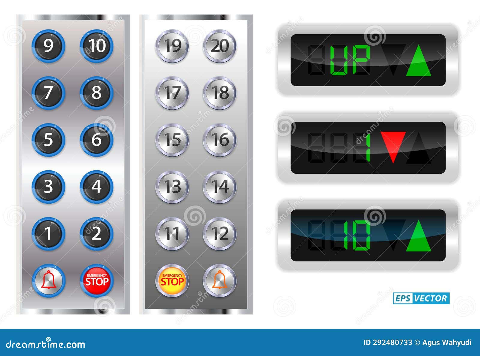 Set of Realistic Elevators Buttons with Chrome Metal. 3D Render.. Stock ...
