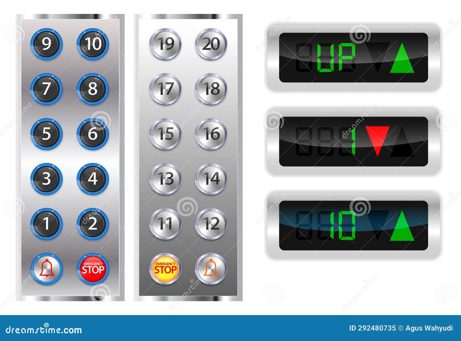 Set of Realistic Elevators Buttons with Chrome Metal. 3D Render.. Stock ...