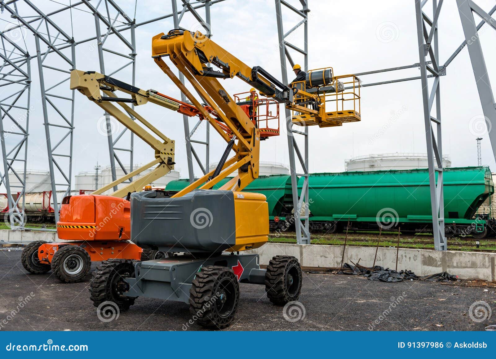 Lift with Platform Work in Warehouse Hangar Construction Field. Stock ...