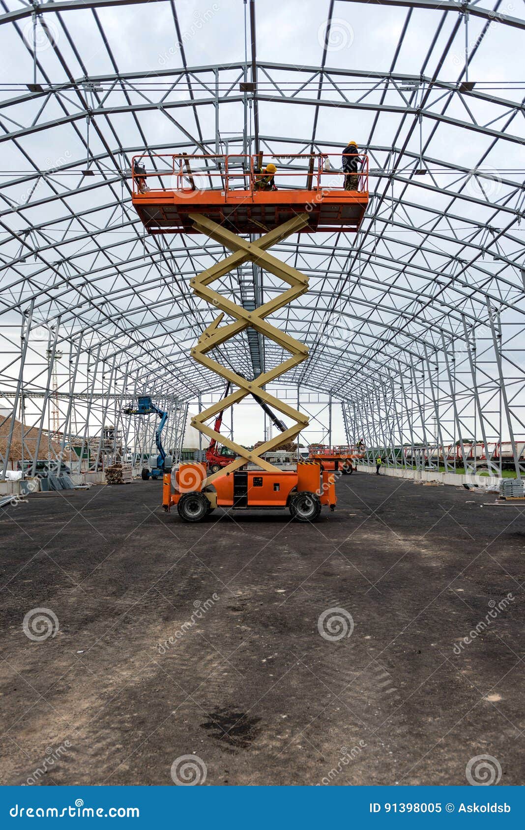 Lift with Platform Work in Warehouse Hangar Construction Field. Stock ...