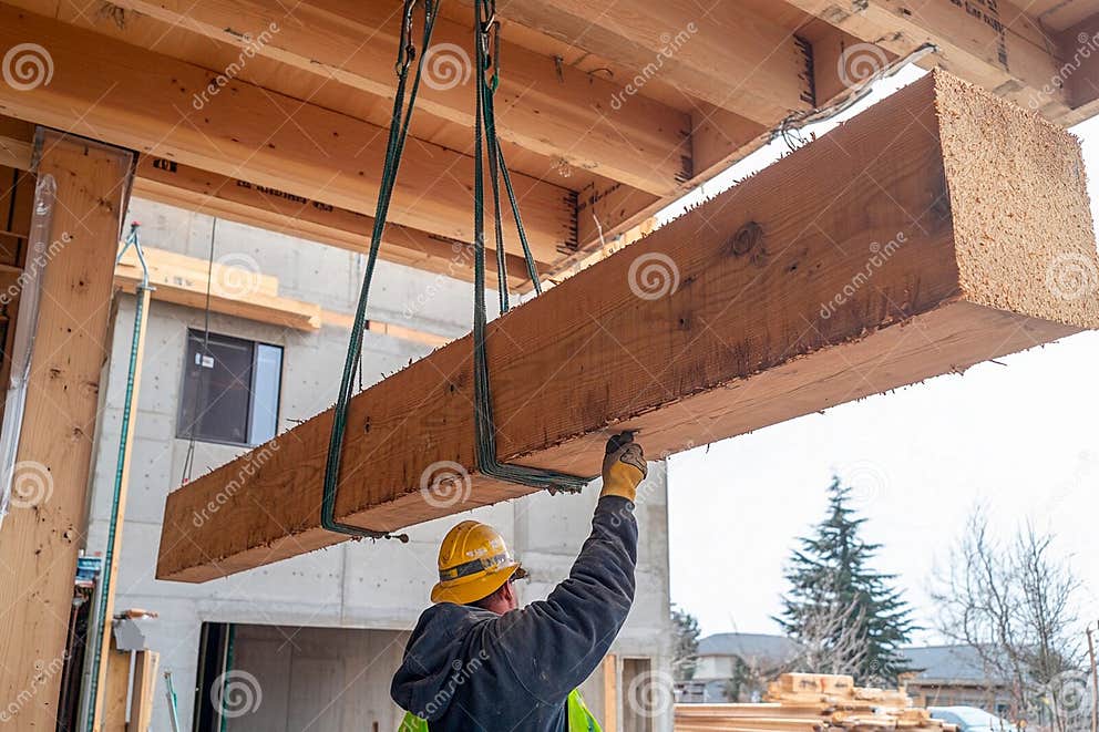 Lifting a Heavy Timber Beam Inside a Modern Construction Site on a ...