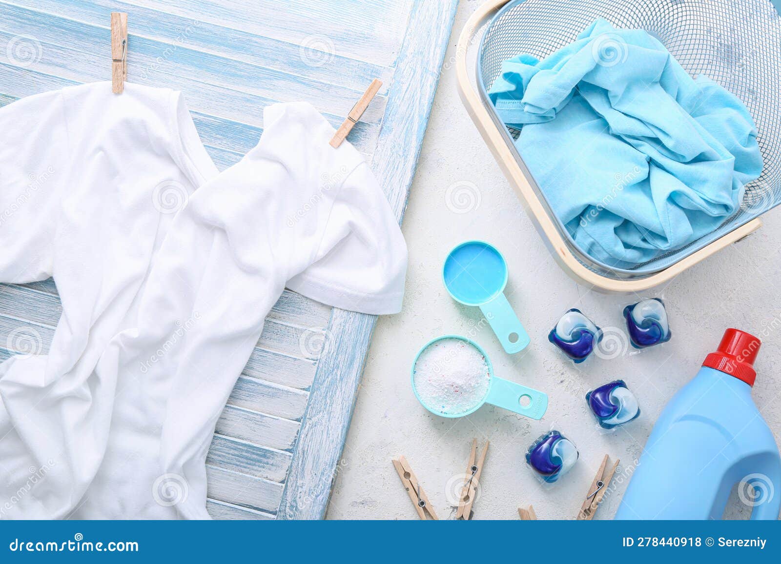 Composition with Laundry Detergents on Light Background Stock Photo ...