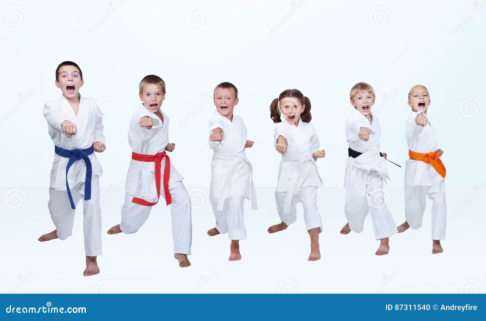 On a Light Background Six Karateka Beating Punch Arm Stock Photo ...