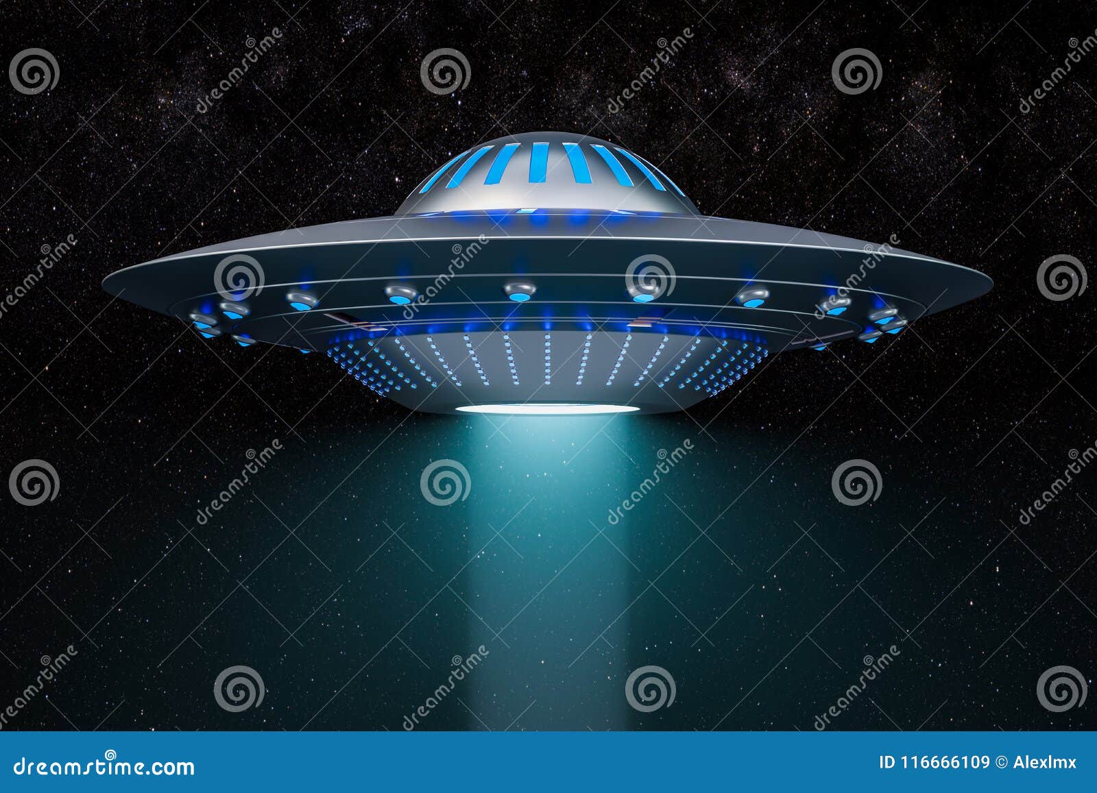 Light Beam from Flying UFO in Space. 3D Rendering Stock Illustration ...