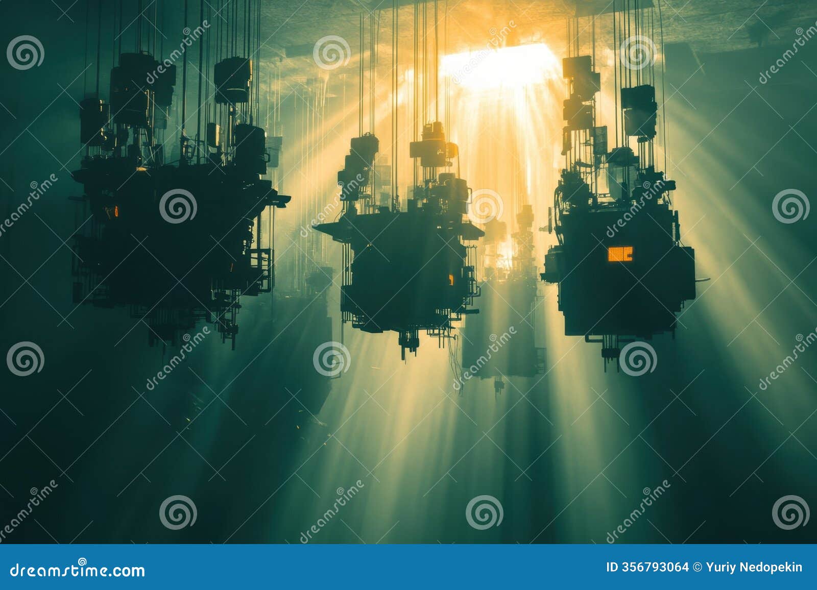 Light Beams Shine through Industrial Structures in an Underground Space ...