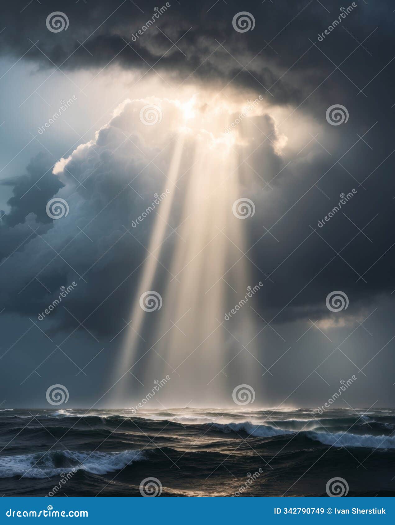 Light Beams through Storm Clouds Over Ocean. Stock Image - Image of ...