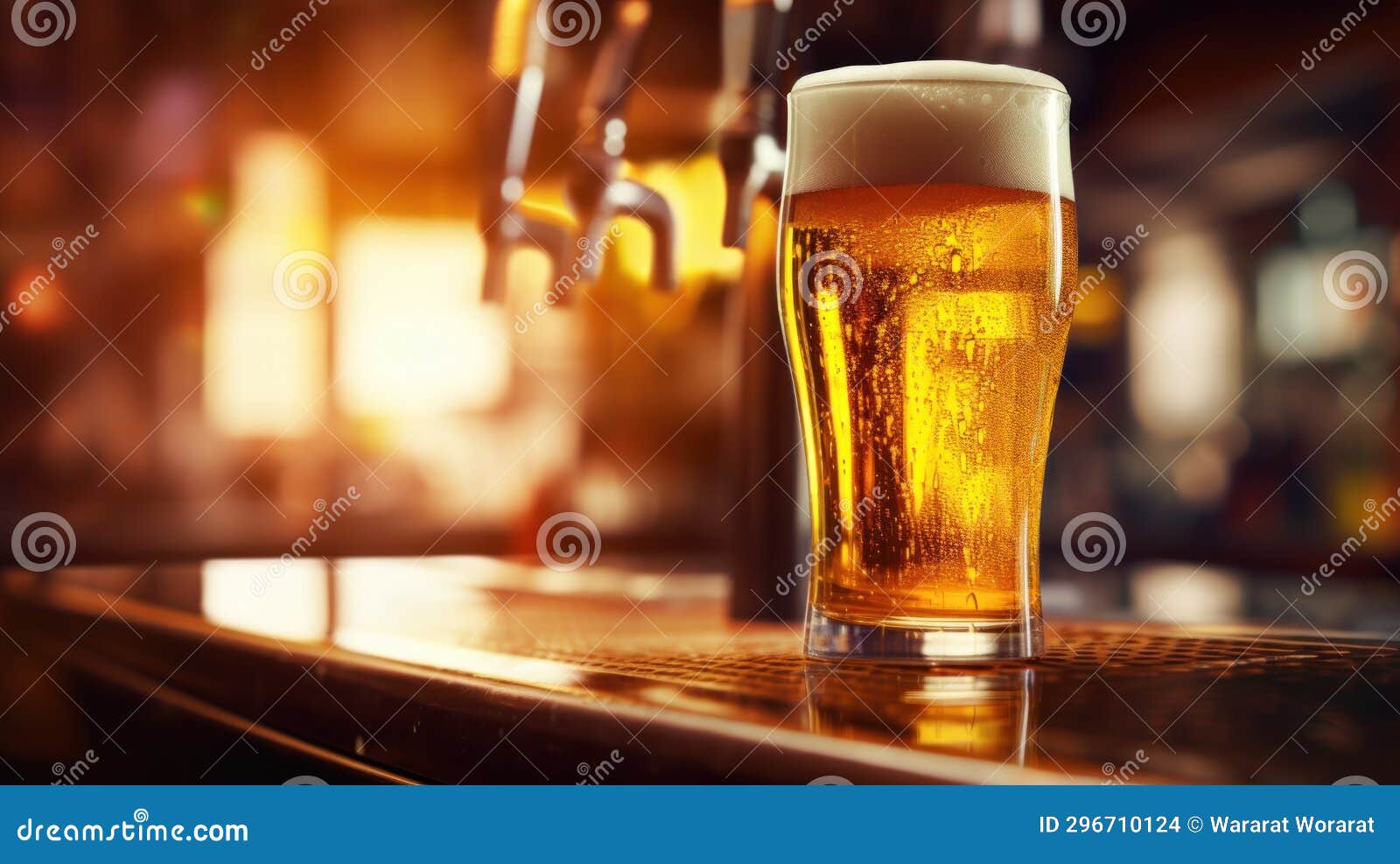 A Light Beer that is Poured from Beer Tap on Bar Counter Stock ...